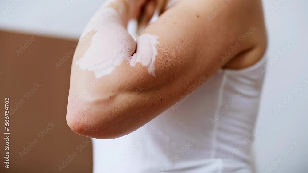 An intimate closeup focuses on an arm with vitiligo, a skin condition ...