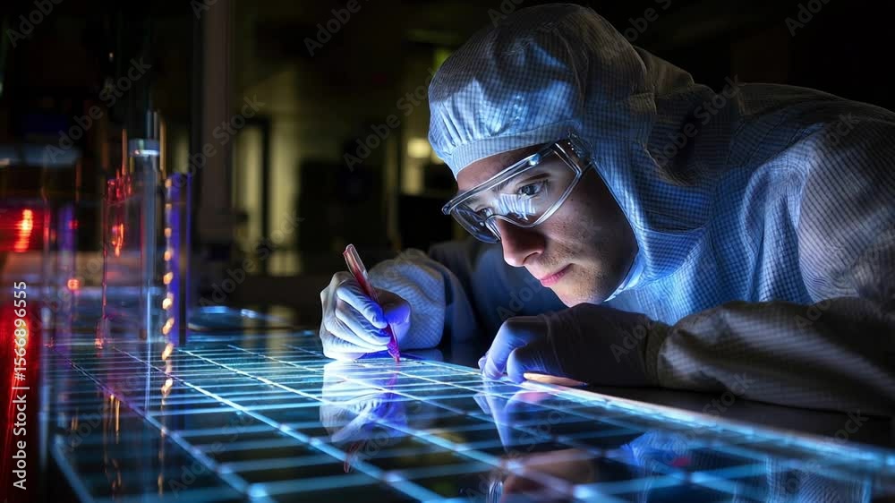 Cleanroom technician in sterile suit working with high-precision slot ...