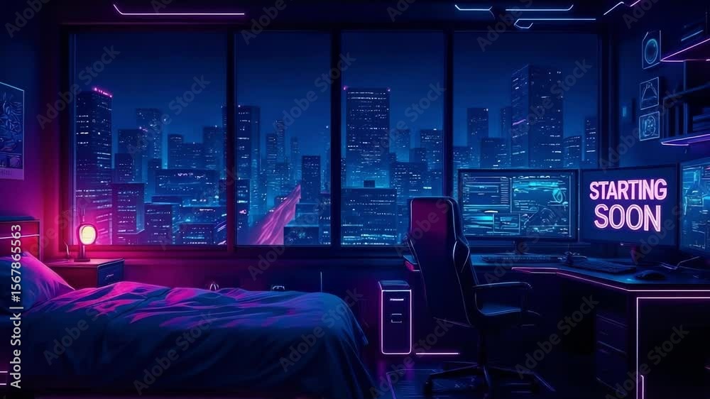 Cyberpunk Gaming Room with Neon Cityscape View. Stream starting soon ...