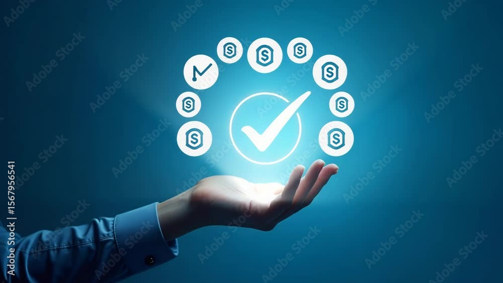 Hand holding holographic checkmark with quality assurance certification ...