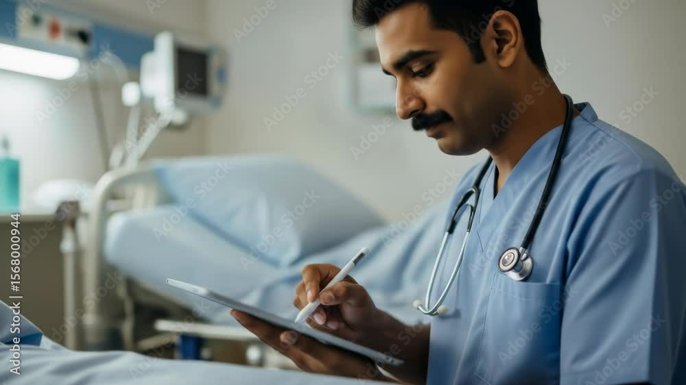 Medical Professional Writing on Digital Tablet in Hospital Room Wearing ...