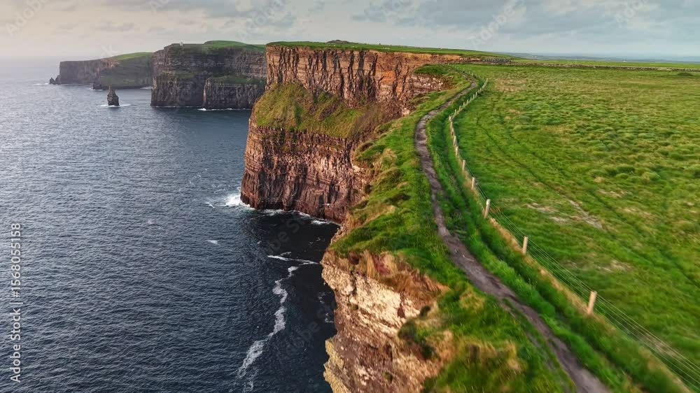 Flying over path near the edge of Cliff of Moher - one of the most ...