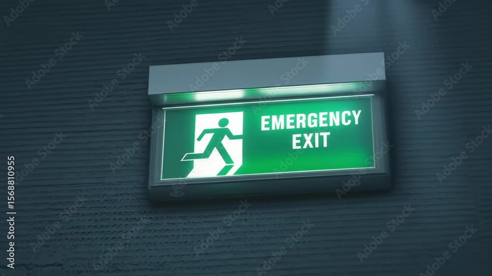 Emergency exit sign illuminated in dark building corridor emergency ...