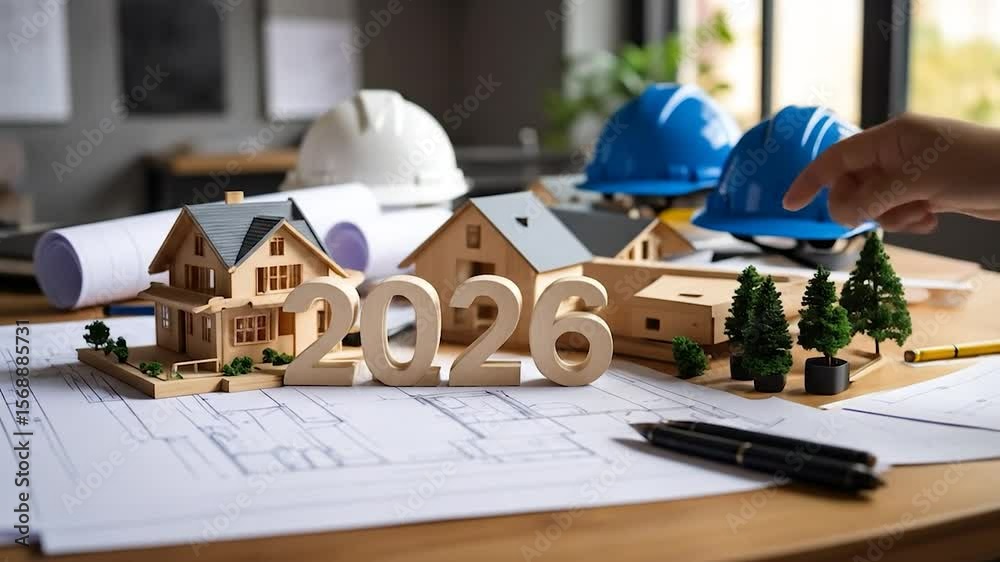 Architectural blueprints for 2026 featuring miniature houses and trees ...