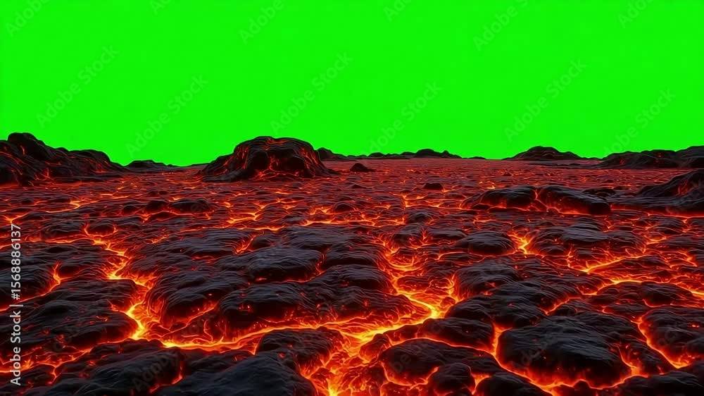 Dramatic molten lava surface with green screen background displays flowing magma and volcanic ...