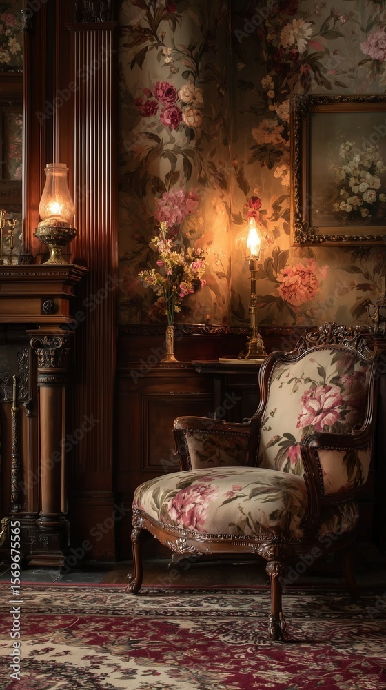 A vintage victorian parlor featuring a rustic retro sofa, warm lighting ...