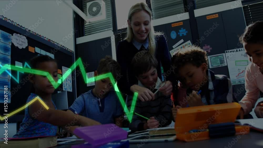 Teacher guiding students writing papers, green-yellow graph appearing ...