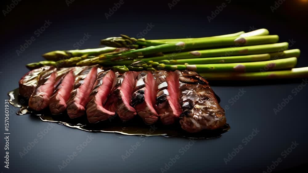 video of Grilled sliced beef steak served with green asparagus on a ...