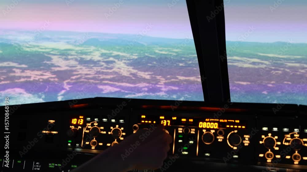 In-cockpit view of Airbus A320 flight deck - pilot adjusting throttle ...