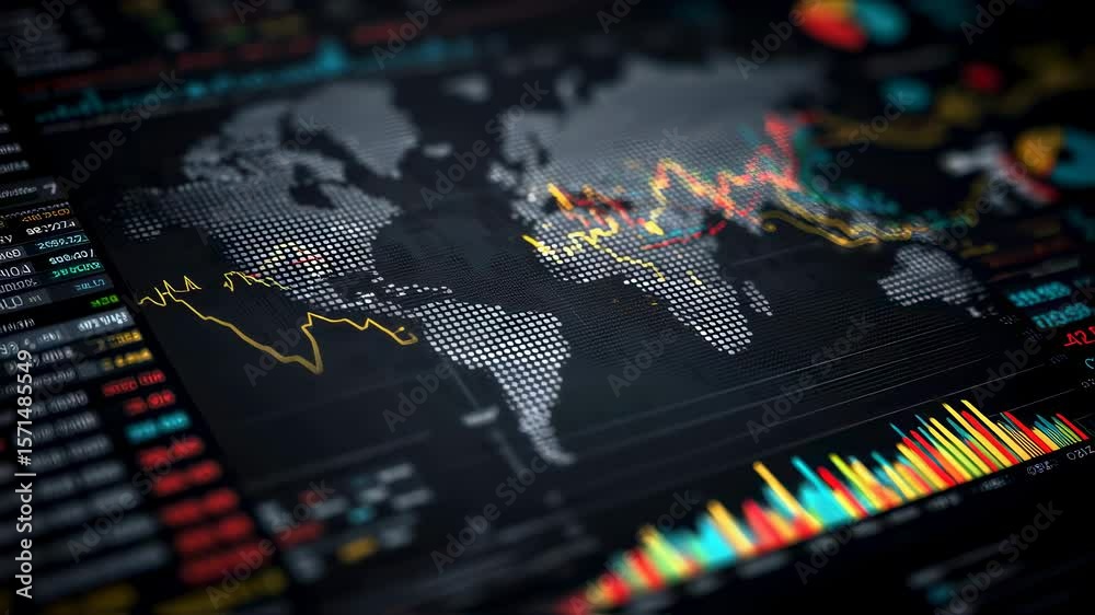 Stylized world map highlighting key financial indicators enhanced by ...