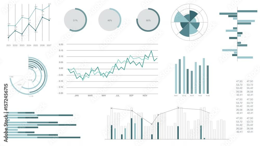 Animated chart gallery. Market trends analysis with blue and grey ...
