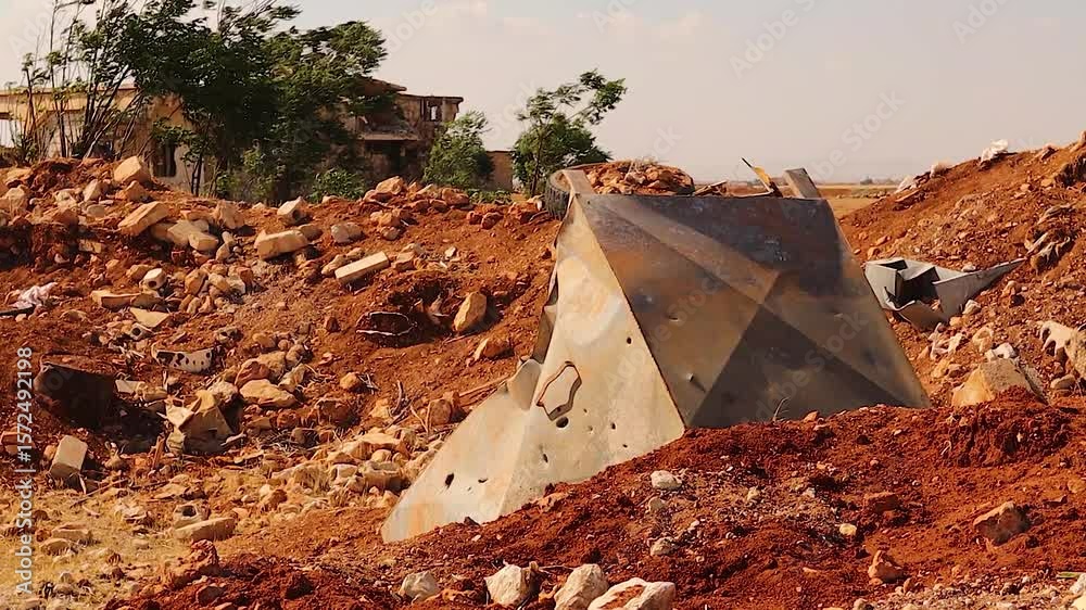 A pierced water tank lies in a dirt crater caused by a shell in rural ...