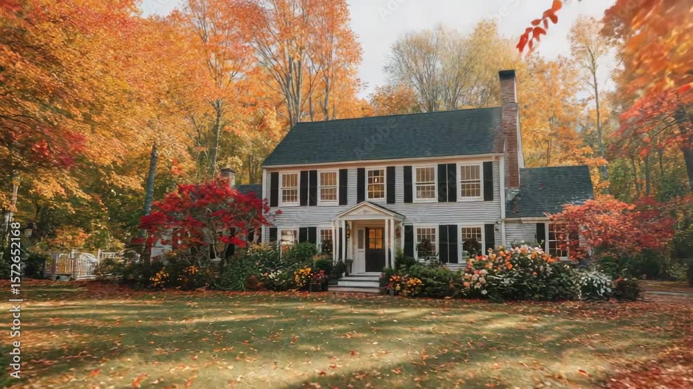 Cozy house exterior framed by vibrant red and orange autumn trees ...