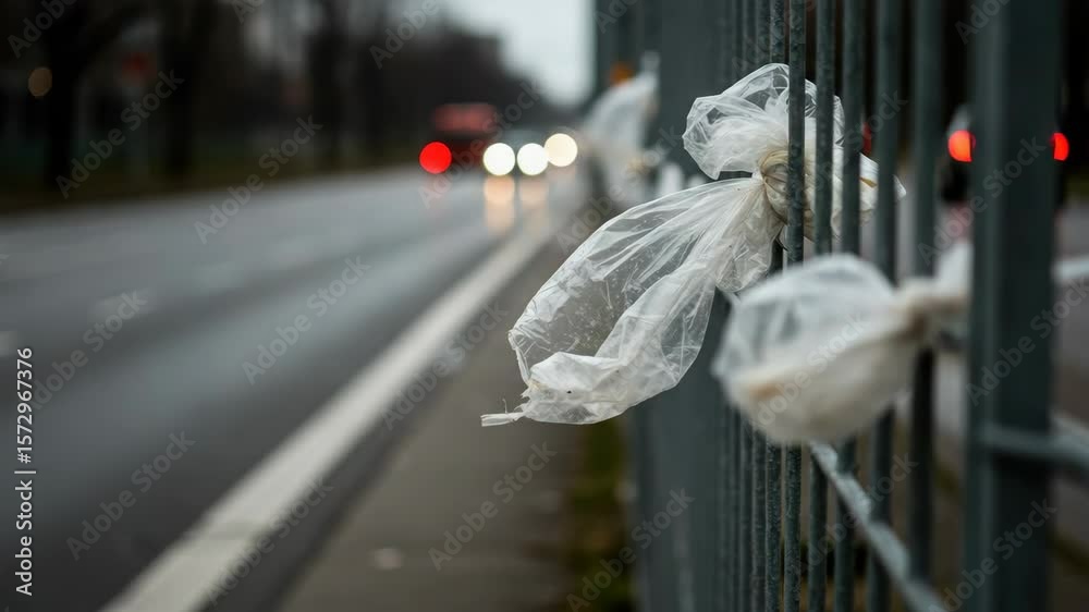 Plastic waste accumulates on metal fence near road, plastic waste ...