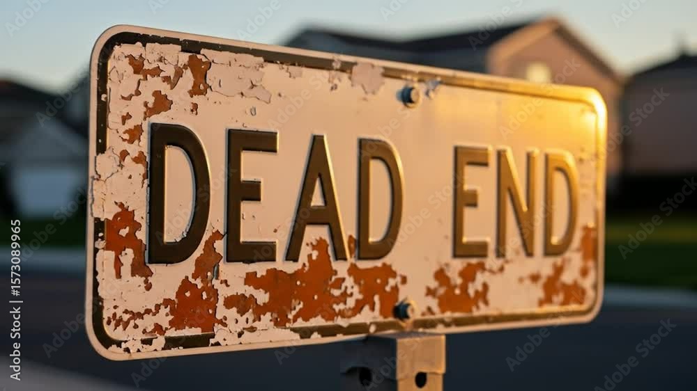 Close up of a weathered dead end street sign illuminated by warm sunset ...