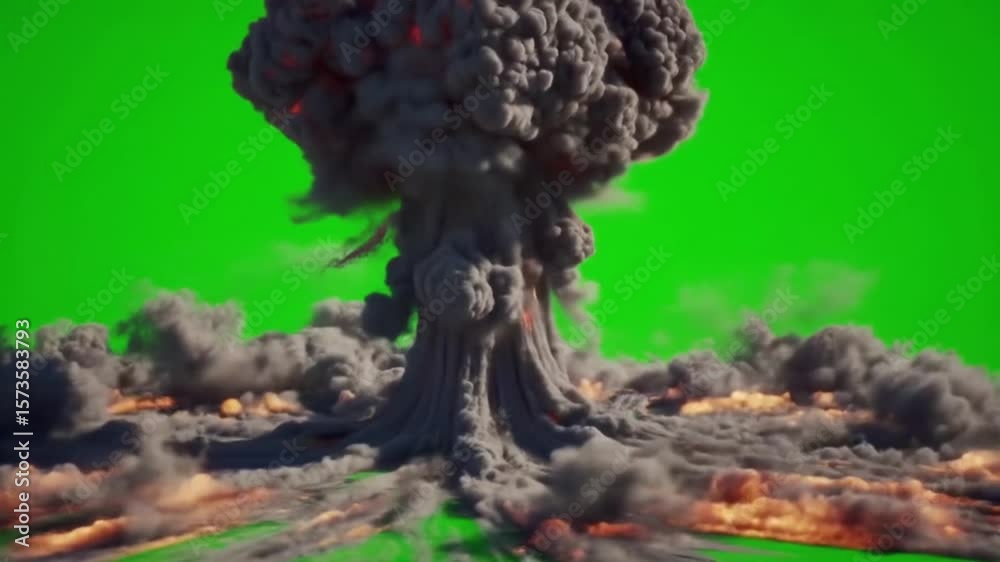 Realistic 3D nuclear explosion on green screen — fiery blast, dense ...