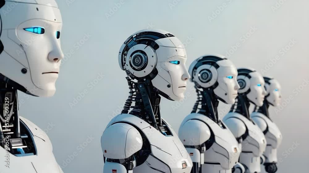 A line of futuristic humanoid robots standing in a row with glowing ...