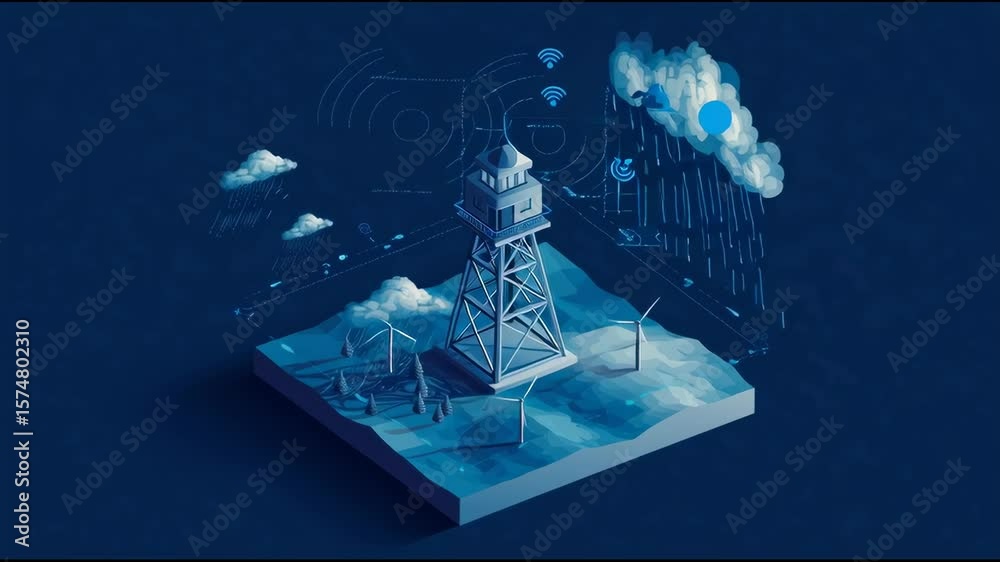 Minimalist isometric illustration of a weather radar station surrounded ...
