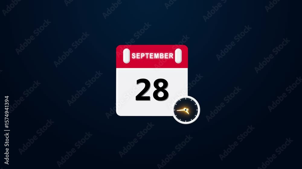 28 September Date Calendar Icon Animation ,September month 28 date ...