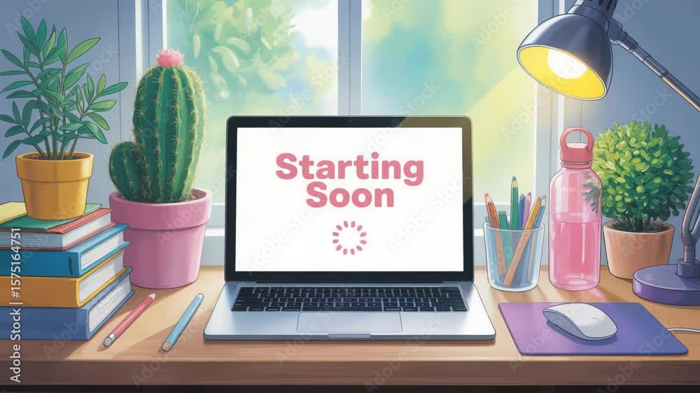 Desk Setup with Laptop: "Starting Soon" Screen. Stream starting soon ...