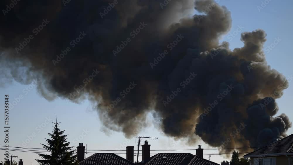 Thick black smoke billows over a neighborhood, indicating a significant ...