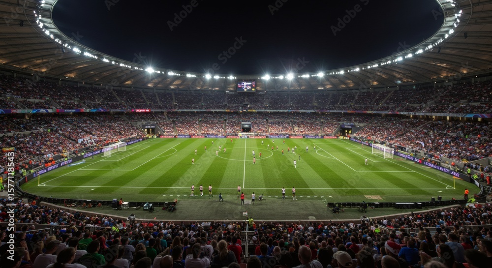 Panoramic view of a vibrant sports stadium at night, illuminated green ...