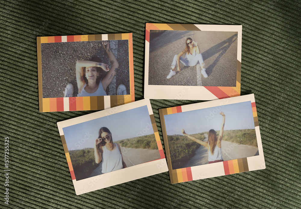 Polaroids frames arranged on a textured surface, ideal for adding ...