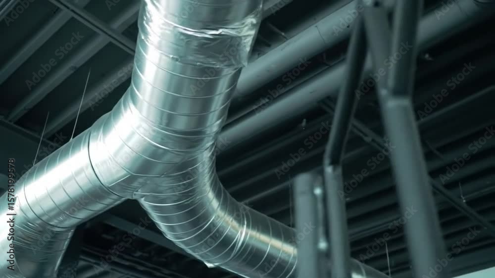 Silver Ductwork Branches Across Dark Ceiling Industrial Architecture ...