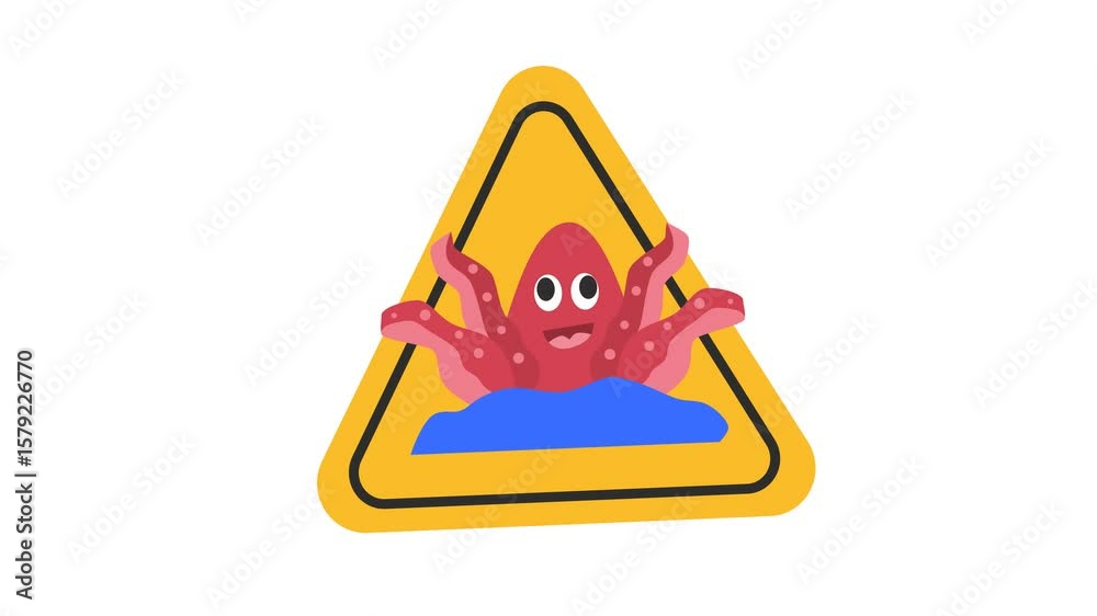 Octopus warning sign icon in cartoon animation. Marine life caution ...