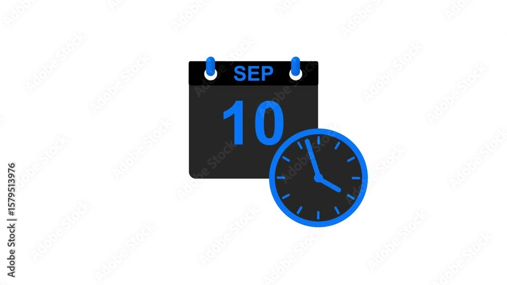 September month 10 date calendar icon clock royal blue color animation ...