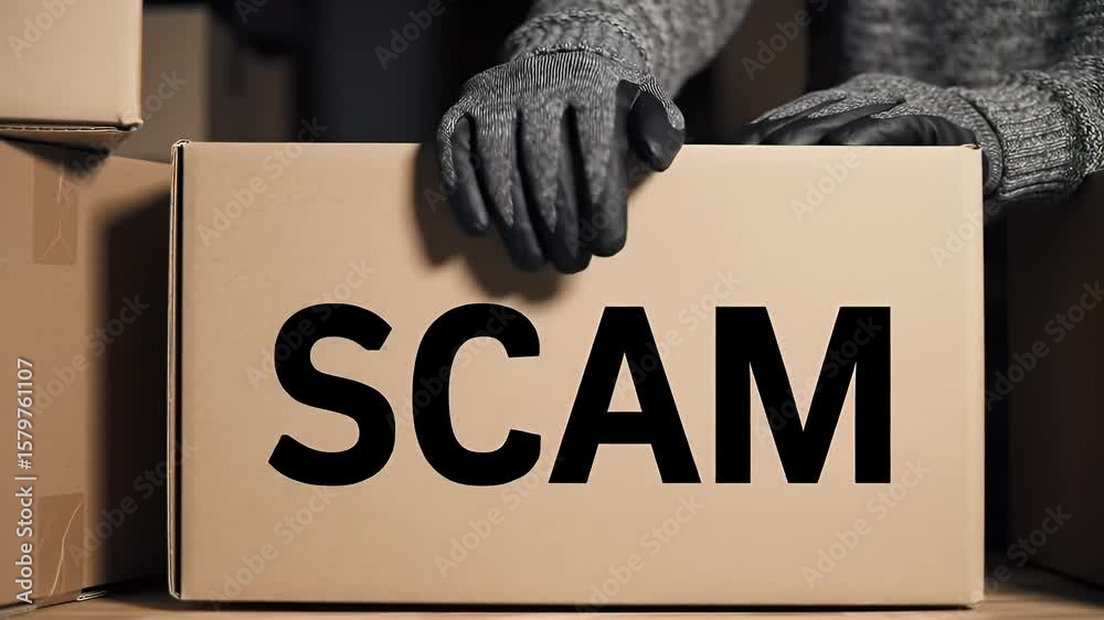 Cardboard Box Marked Scam with Gray Gloves Surrounded by Boxes ...
