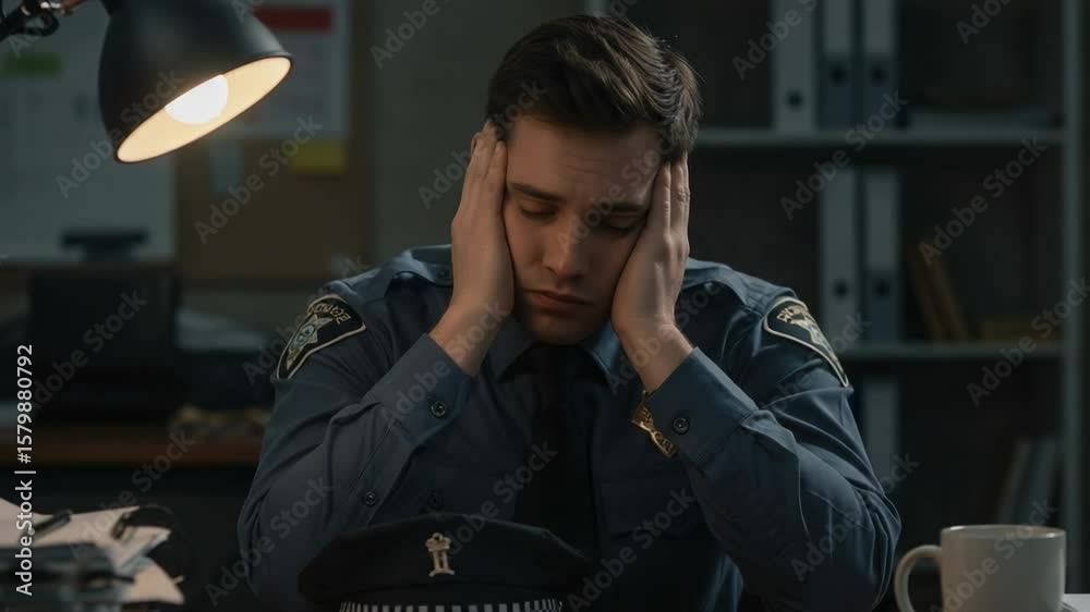 Exhausted young police officer feeling stressed and overworked at his ...