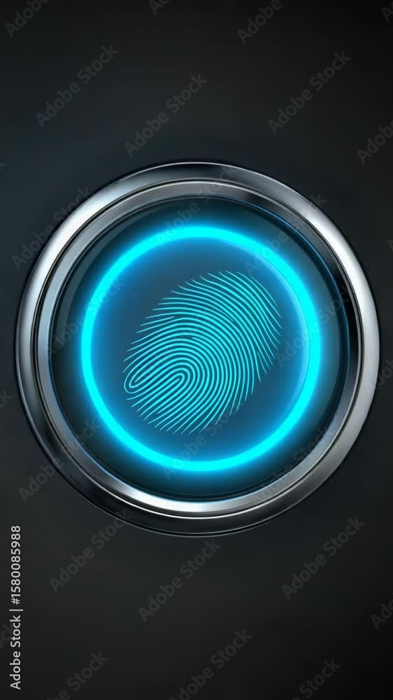 A blue circle with a fingerprint on it. The image is of a button with a ...