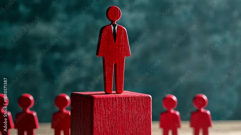 Red figure demonstrating leadership on box with team members in ...