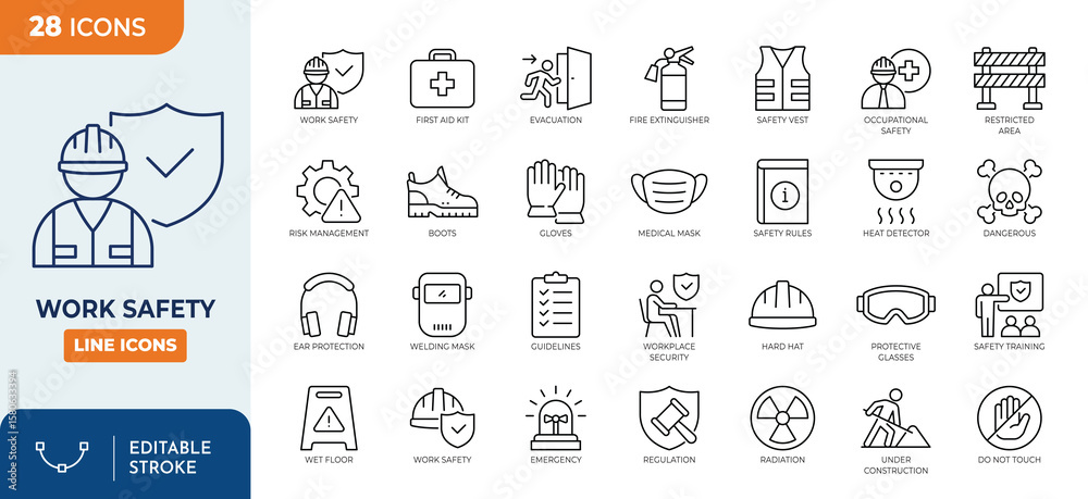 Work safety line editable icon set. Containing workplace security ...
