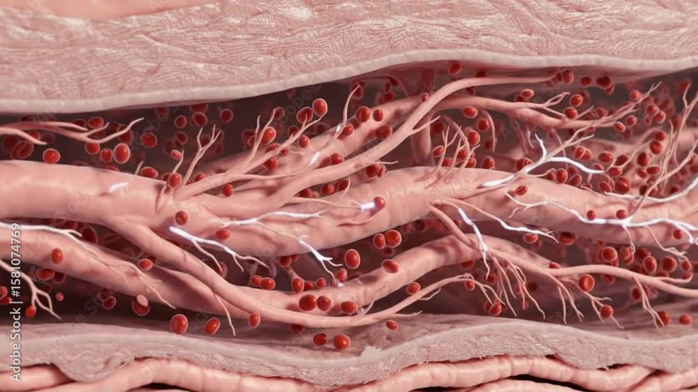 3D medical animation of human skin cross-section showing complex blood ...