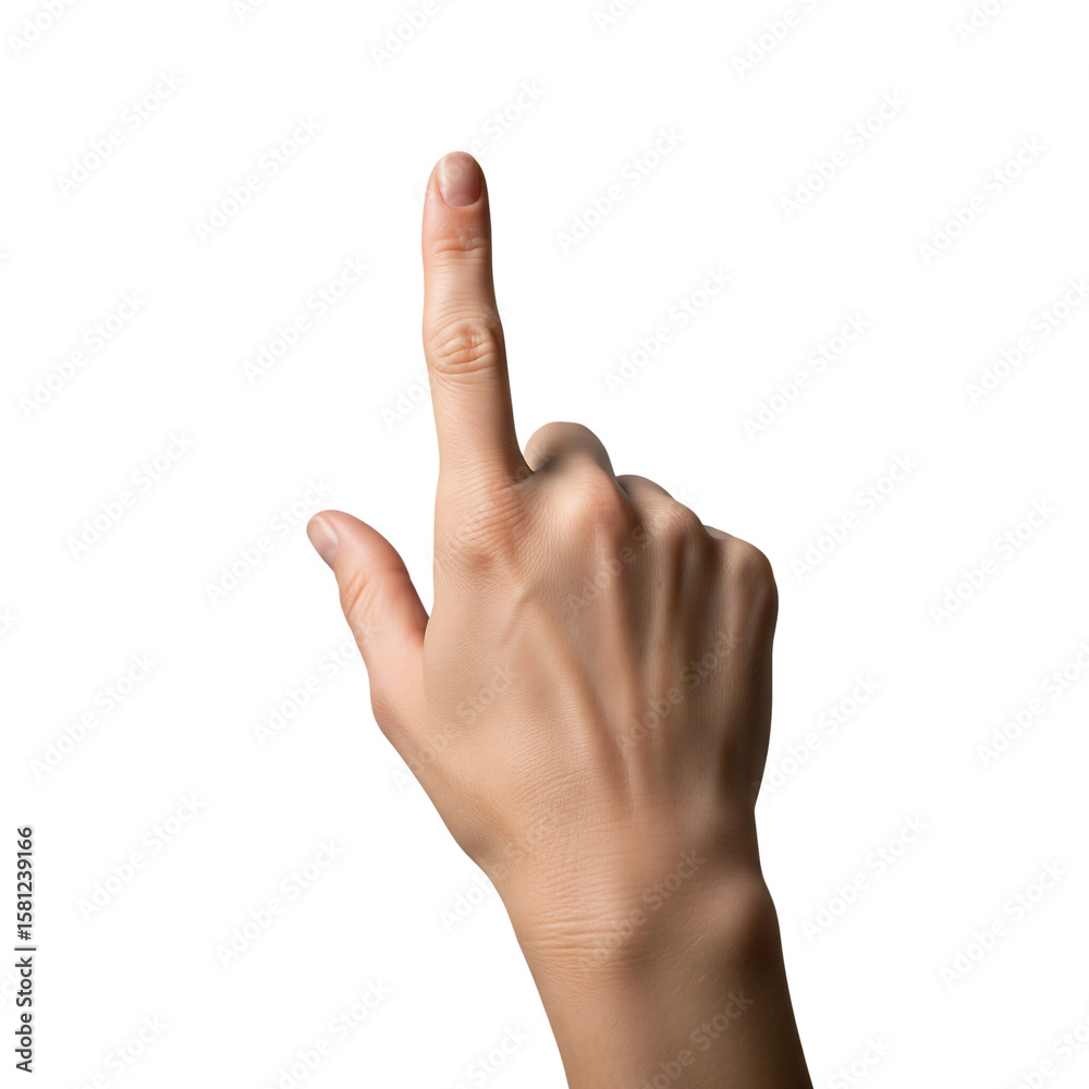 Woman's hand with index finger pointing up, making a touching or ...