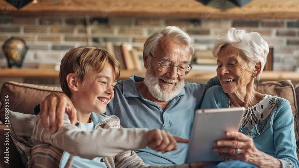 Young grandson teaching elderly grandparents how to use modern tablet ...