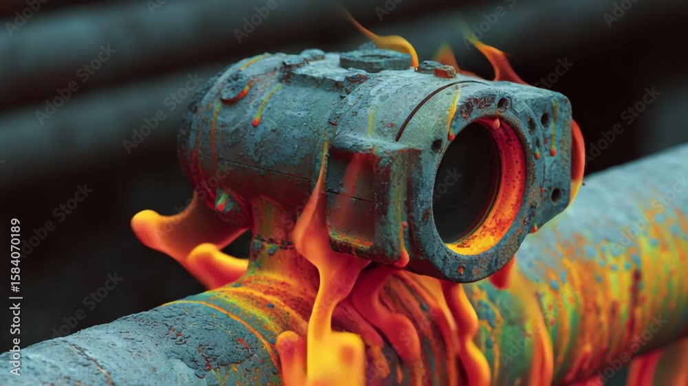 Rusty metal pipe with flame and fire showing heat, rust, and decay in ...