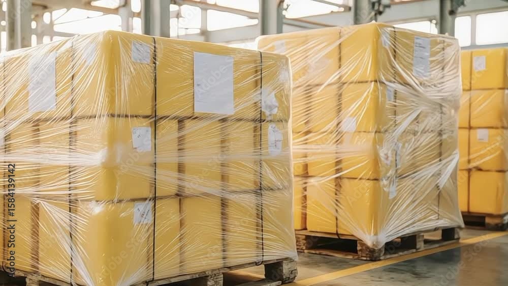 Palletized goods wrapped in plastic film inside a distribution ...