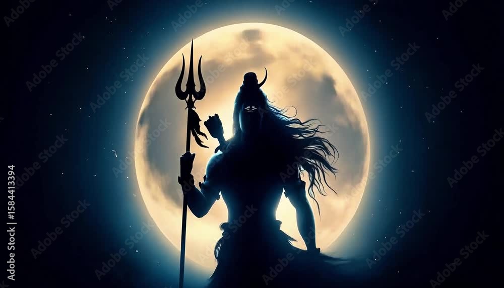 Divine Lord Shiva, a dark silhouette against a glowing full moon ...