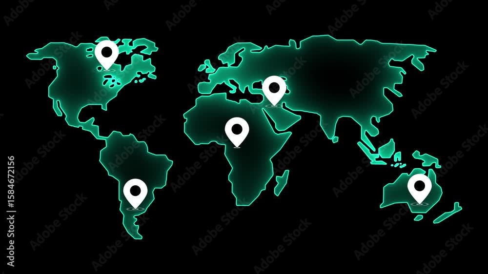 World map travel route location animation on dark background, world map ...