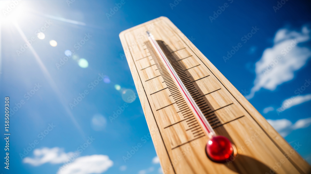 Heat stroke. High temperature summer heat sunlight blue sky thermometer ...