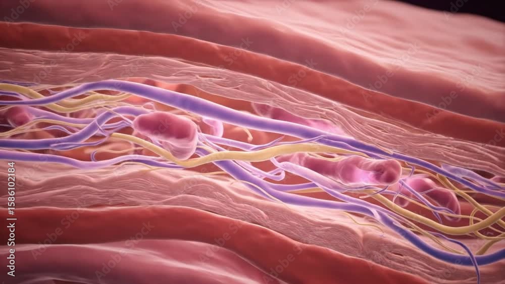 3D medical illustration of human skin cross-section with nerves, veins ...