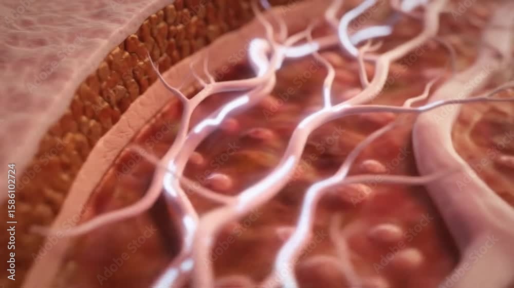 3D medical illustration of blood vessels and capillaries inside human ...