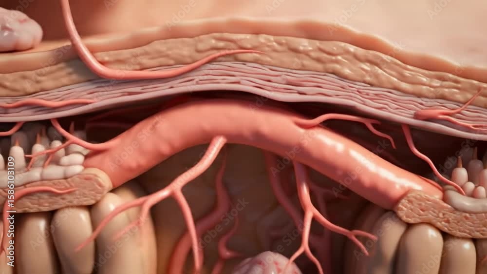 3D medical illustration of human intestinal wall cross-section showing ...