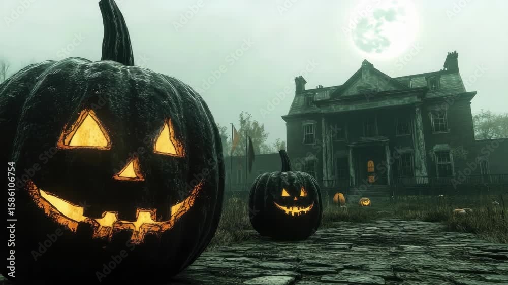 Spooky halloween night with glowing pumpkins and haunted mansion under ...