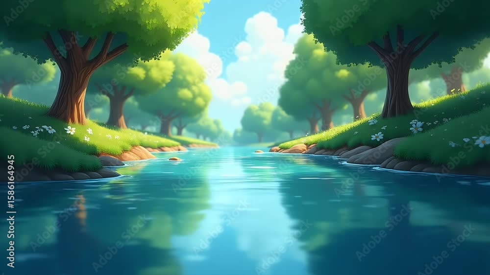 Convey peace natural beauty via hand drawn 4K cartoon river scene where ...