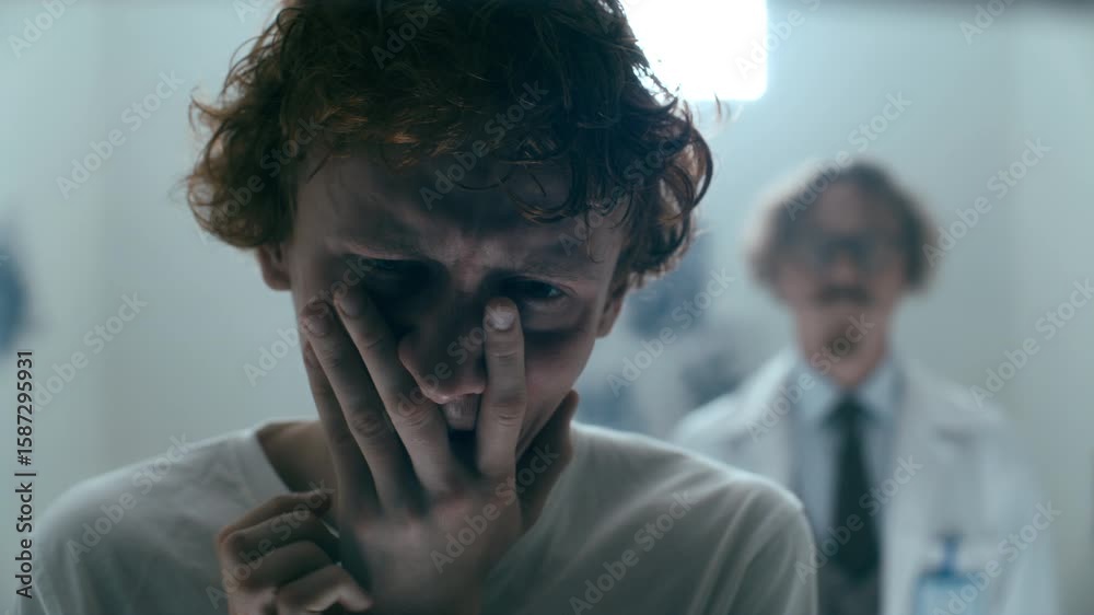 Anguished young male patient crying and screaming in agony, doctor ...