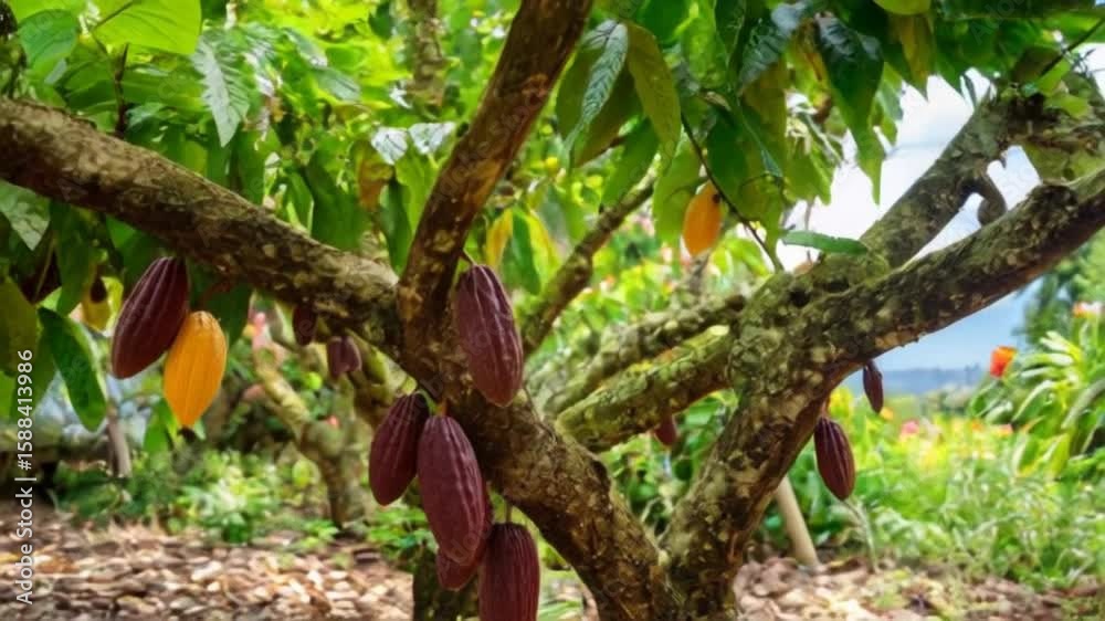 Vidéo Stock Clusters of ripe brown and yellow cacao pods growing ...